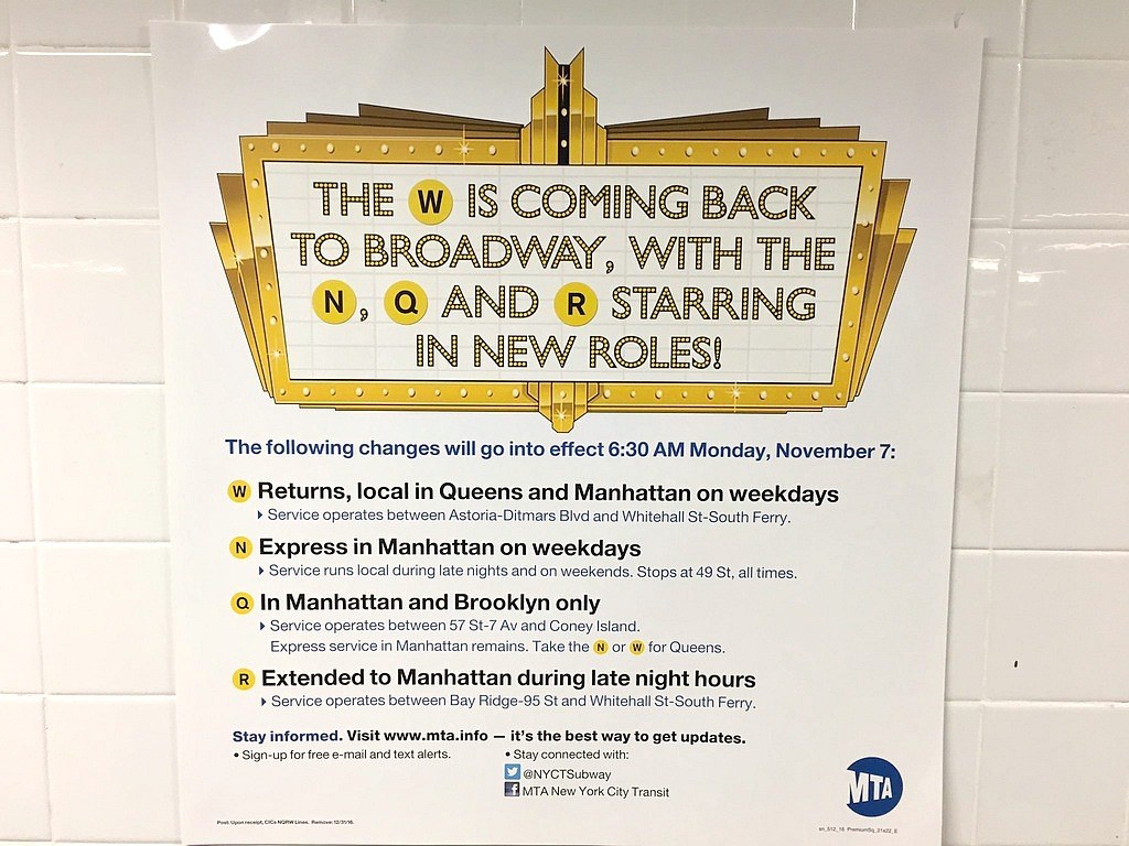 MTA puts up flyers touting the W train's November 7th return | 6sqft